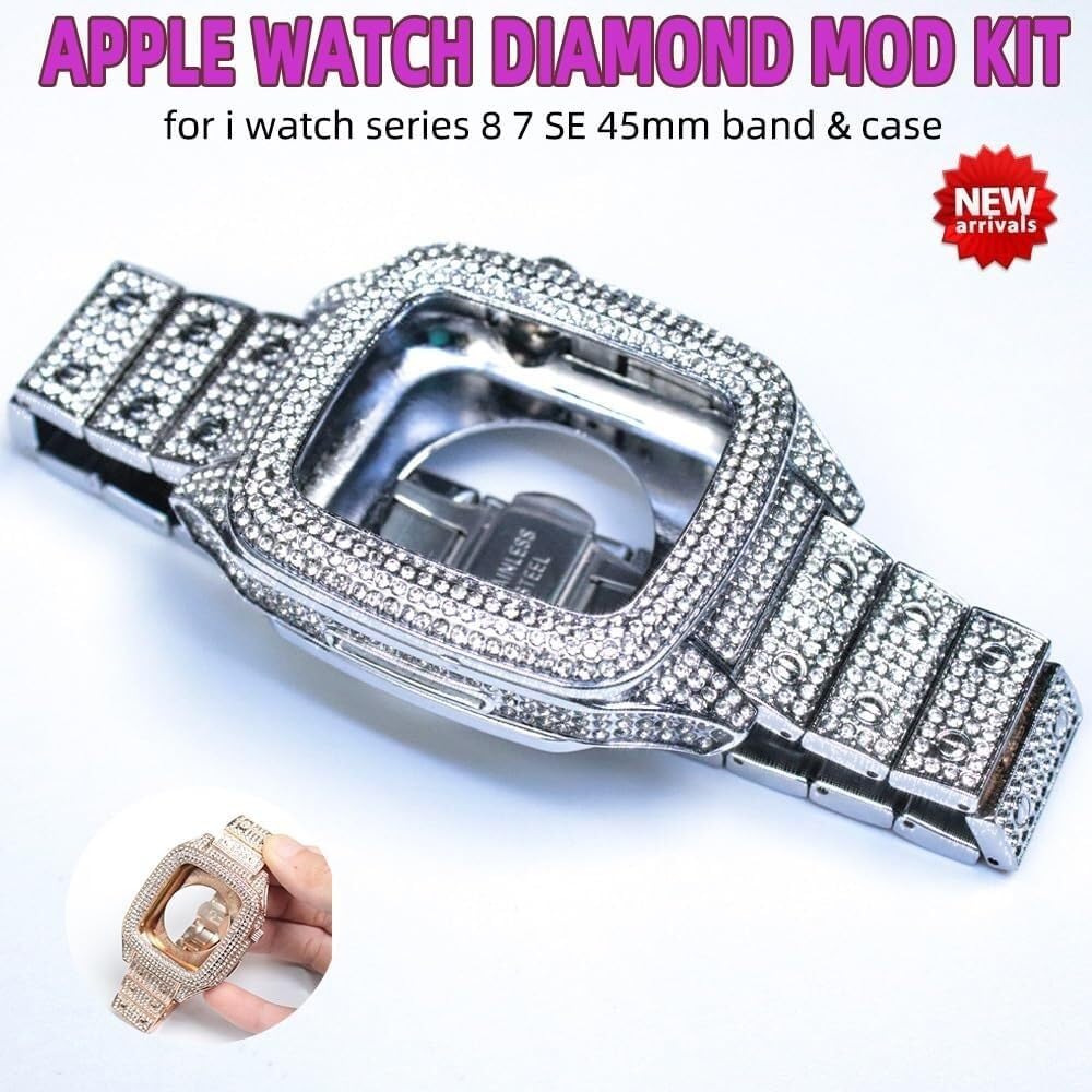 VEVEL Diamond Watch Band+Watch Case Refit Mod Kit,For Iwatch 6 5 4 SE 44mm ,Luxury Lady Diamond Modification Kit,For Apple Watch series 8 7 45mm DIY Watch Band (Color : Rose gold, Size : 45MM)