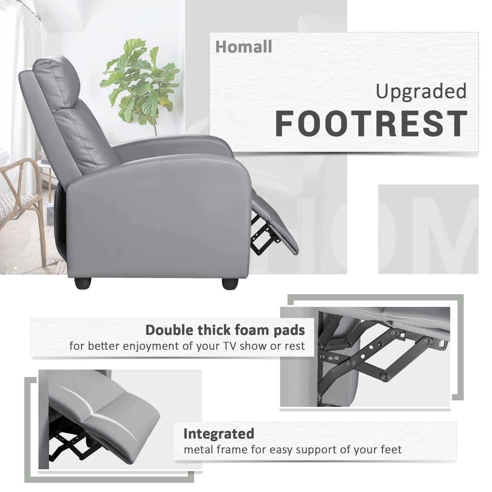 Homall Recliner Chair, Recliner Sofa for Adults, Recliners Home Theater Seating with Lumbar Support, Reclining Sofa Chair for Living Room (Leather, Grey)