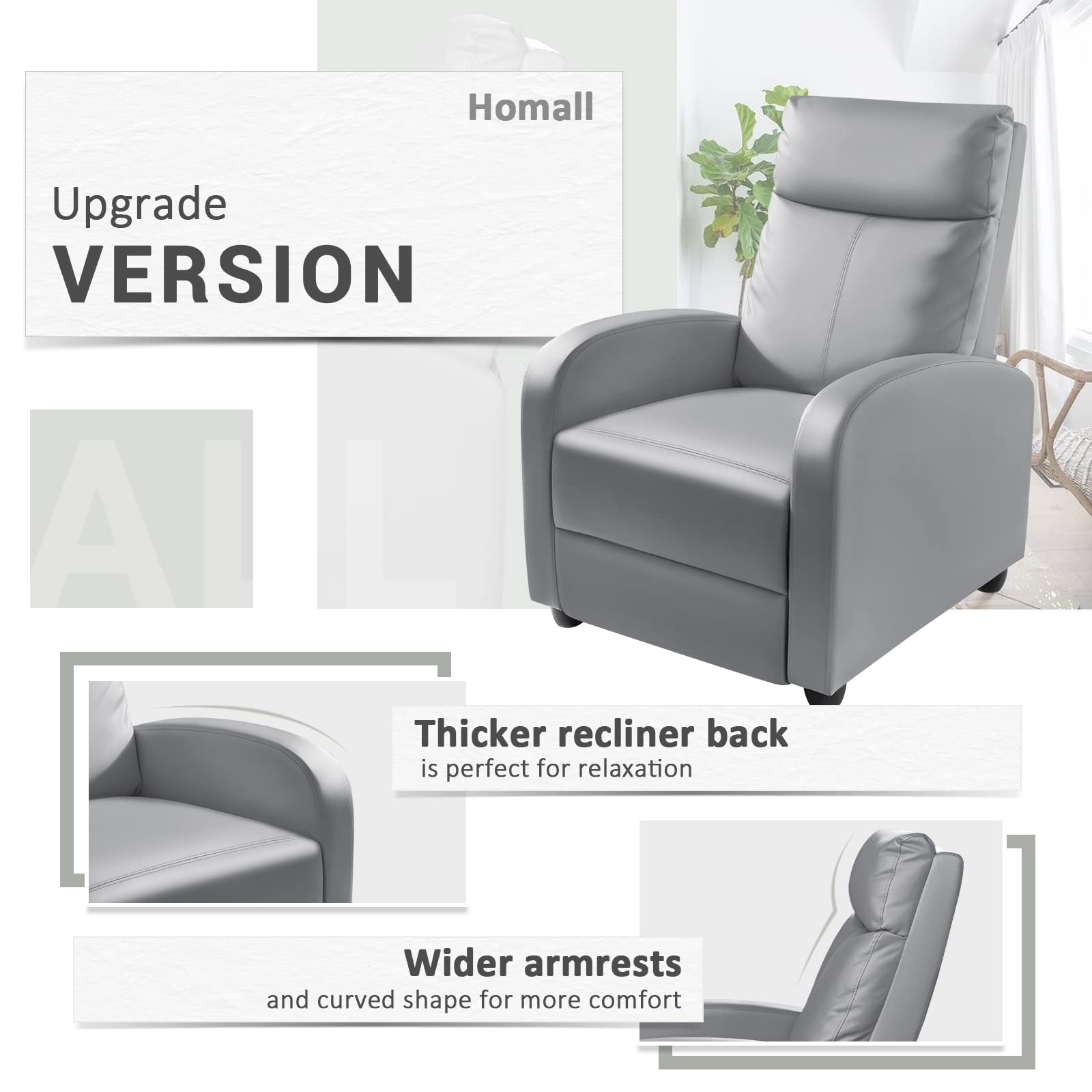 Homall Recliner Chair, Recliner Sofa for Adults, Recliners Home Theater Seating with Lumbar Support, Reclining Sofa Chair for Living Room (Leather, Grey)