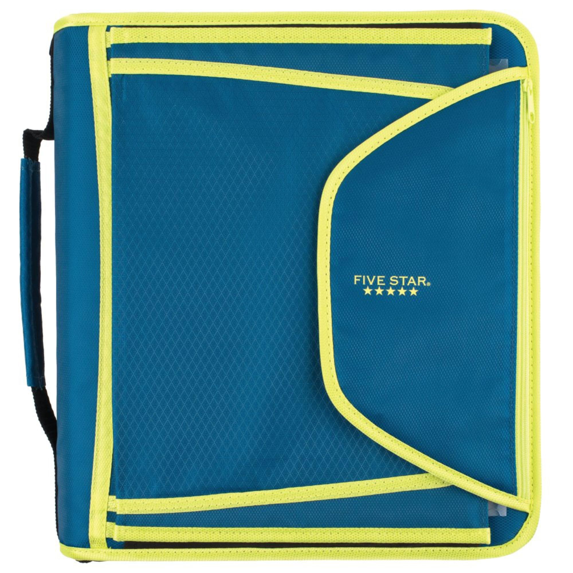 Five StarĀ® Zipper 3-Ring Binder With Expanding File, 2" Round Rings, Teal/Chartreuse