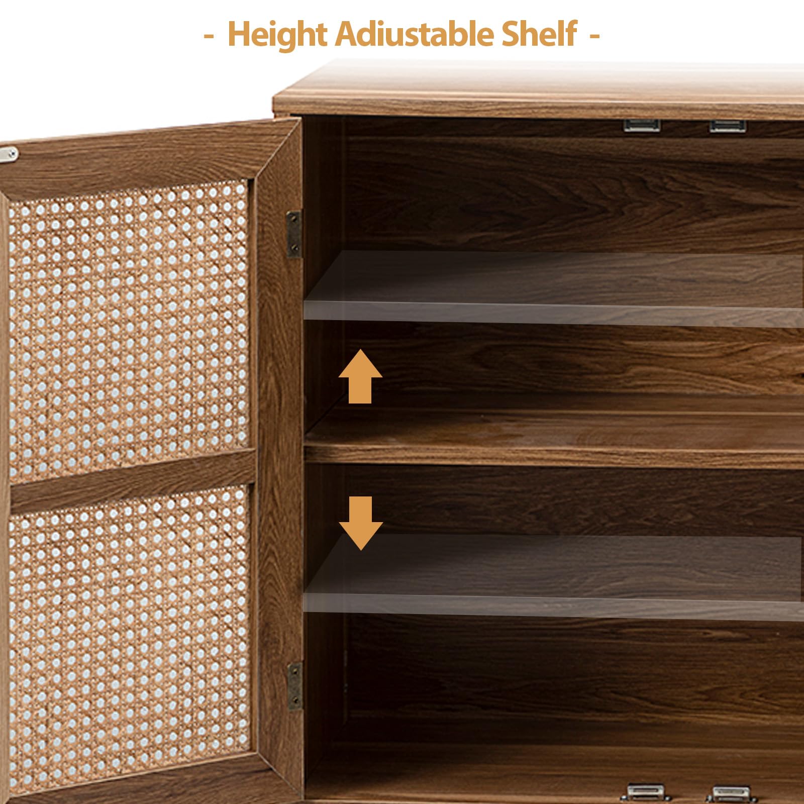 HULALA HOME Accent Storage Cabinet with 3 Natural Rattan Doors & Wood Legs, 2-Tier Shelf Sideboard Buffet Cabinet, Cupboard Console Table for Living Room, Entryway, Dining Room, Hallway (Walnut)