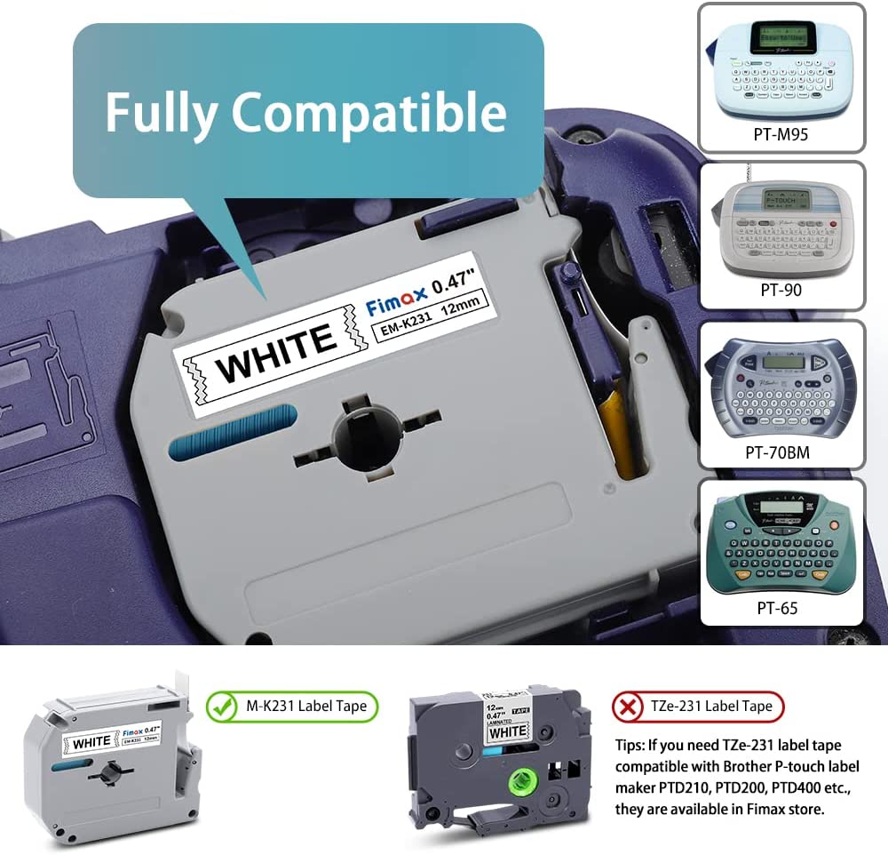 Fimax Compatible Tape Replacement for Brother M-K231s Label Tape M231 MK-231 MK231 12mm 0.47'' White Tape Ptouch M Tape Work with Brother P Touch Label Maker PT-M95, PT-90, PT-70, PT-65, PT-85, 3-Pack