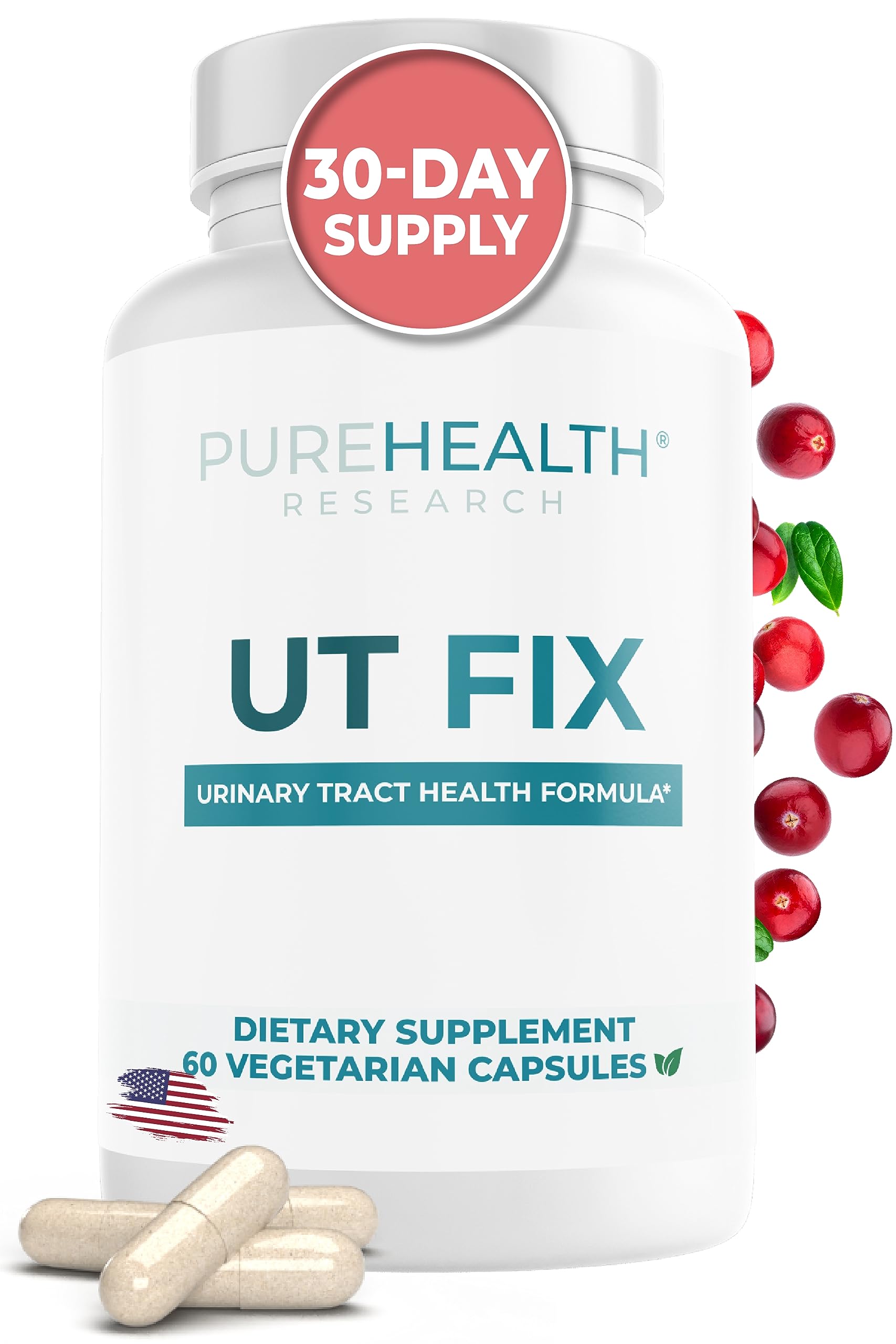 PUREHEALTH RESEARCH UTIFIX D Mannose with Cranberry Long-Term Supplement - D-Mannose for UTI 1000mg Capsules + 300mg Cranberry Extract + Propolis for Urinary Tract Health for Women and Men, 60 Count