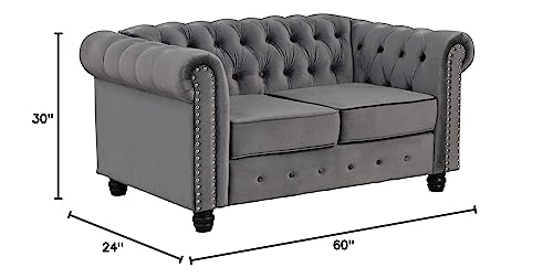 Morden Fort Classic Chesterfield Loveseat Set 60'', Tufted Loveseat Sofa Set with Solid Wood Legs Thick Cushion, Pet-Friendly 2-Seater Sofa Couch for Living Room Bedroom Apartment - Velvet Grey
