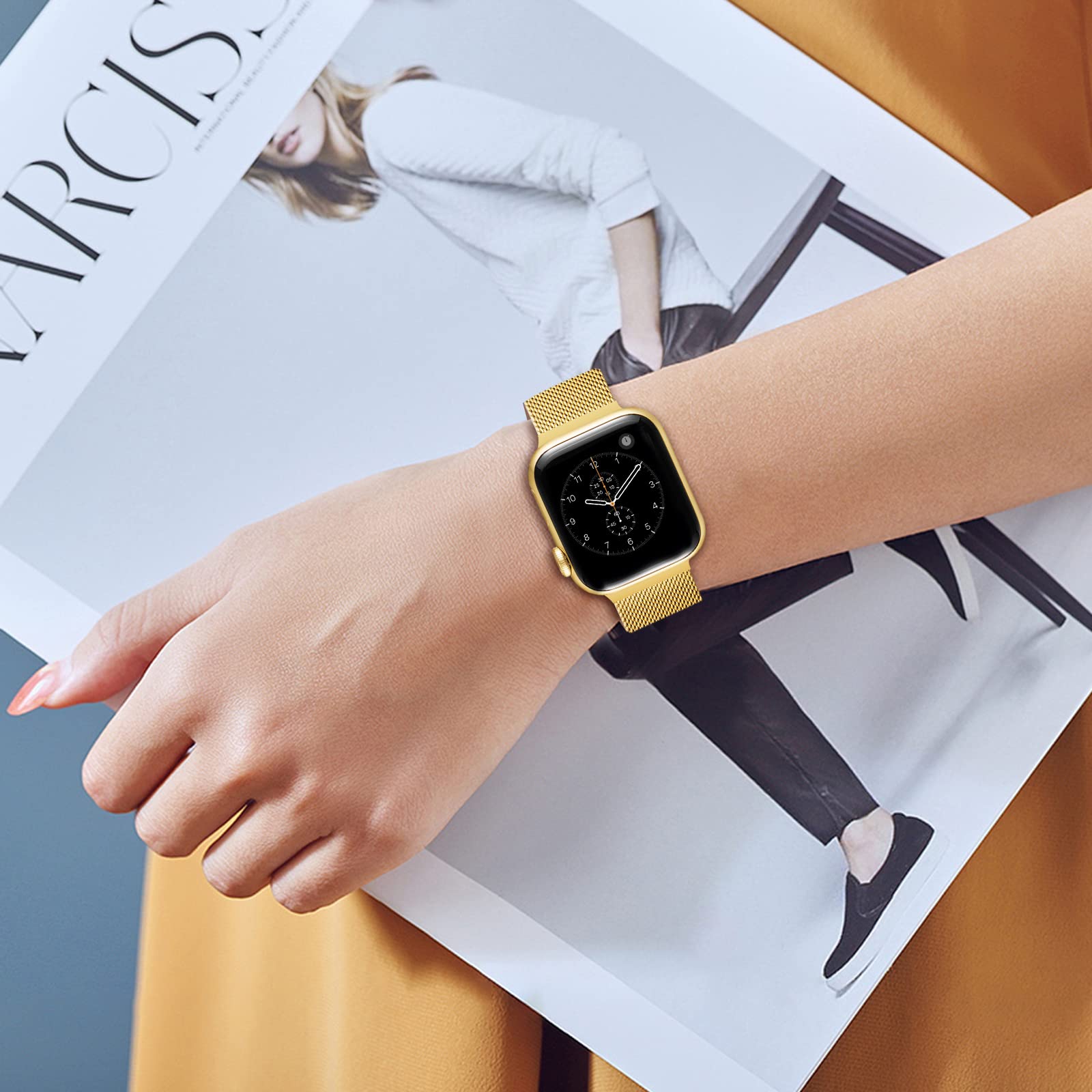 ZXCASD Metal Bands Compatible with Apple Watch Band 38mm 40mm 41mm Women Men,Gold Loop Adjustable Mesh Strap for iWatch Series 9 8 7 6 5 4 3 2 1 SE