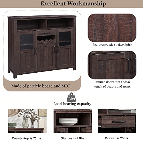 Goohome 47.20" Wine Rack, Retro Style Kitchen Sideboard Cabinet Buffet Table with Storage Drawers & Adjustable Shelves, for Living Room Entryway, Espresso