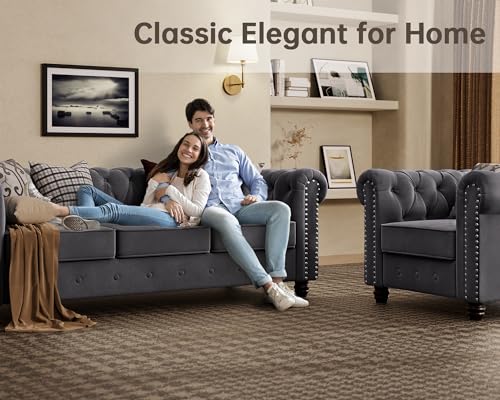 Morden Fort Classic Chesterfield Loveseat Set 60'', Tufted Loveseat Sofa Set with Solid Wood Legs Thick Cushion, Pet-Friendly 2-Seater Sofa Couch for Living Room Bedroom Apartment - Velvet Grey
