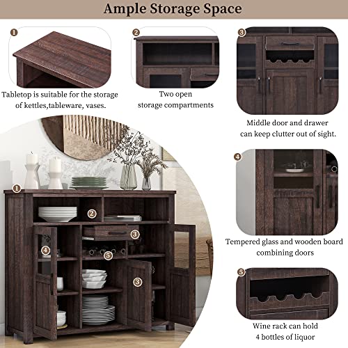 Goohome 47.20" Wine Rack, Retro Style Kitchen Sideboard Cabinet Buffet Table with Storage Drawers & Adjustable Shelves, for Living Room Entryway, Espresso