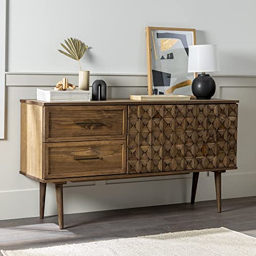 Walker Edison Deluca Boho Solid Wood 2 Door Sideboard with Prism Detail, 58 Inch, Brown