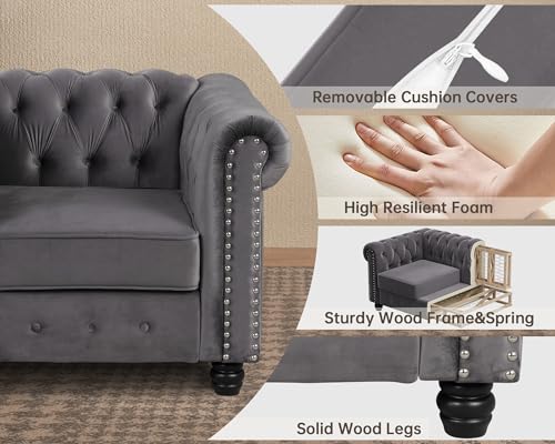 Morden Fort Classic Chesterfield Loveseat Set 60'', Tufted Loveseat Sofa Set with Solid Wood Legs Thick Cushion, Pet-Friendly 2-Seater Sofa Couch for Living Room Bedroom Apartment - Velvet Grey