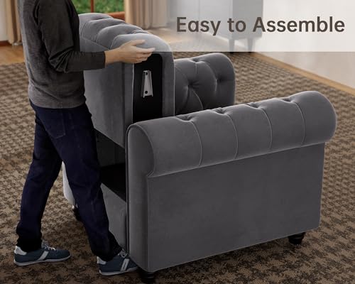 Morden Fort Classic Chesterfield Loveseat Set 60'', Tufted Loveseat Sofa Set with Solid Wood Legs Thick Cushion, Pet-Friendly 2-Seater Sofa Couch for Living Room Bedroom Apartment - Velvet Grey