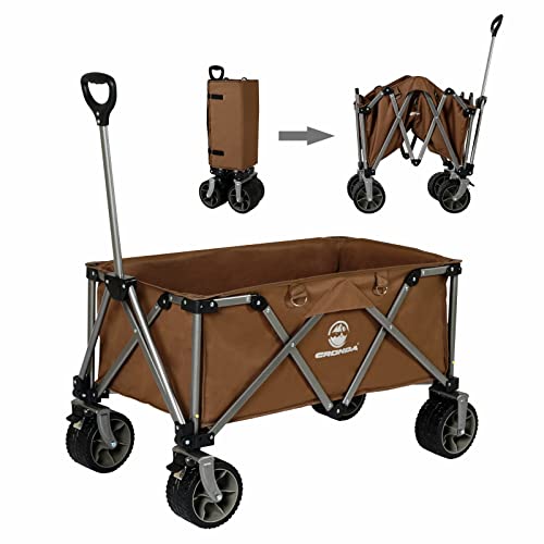CRONDA Boutique Foldable Camping Cart, Heavy Duty Collapsible Folding Wagon Utility Outdoor Camping Garden Cart, All Terrain Wheels with Brake (Brown)