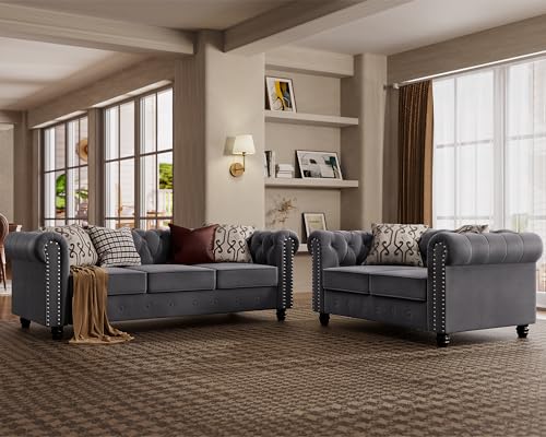 Morden Fort Classic Chesterfield Loveseat Set 60'', Tufted Loveseat Sofa Set with Solid Wood Legs Thick Cushion, Pet-Friendly 2-Seater Sofa Couch for Living Room Bedroom Apartment - Velvet Grey