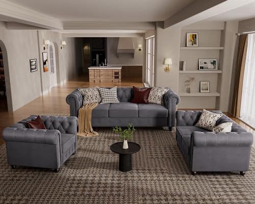 Morden Fort Classic Chesterfield Loveseat Set 60'', Tufted Loveseat Sofa Set with Solid Wood Legs Thick Cushion, Pet-Friendly 2-Seater Sofa Couch for Living Room Bedroom Apartment - Velvet Grey