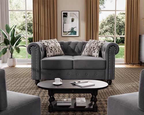 Morden Fort Classic Chesterfield Loveseat Set 60'', Tufted Loveseat Sofa Set with Solid Wood Legs Thick Cushion, Pet-Friendly 2-Seater Sofa Couch for Living Room Bedroom Apartment - Velvet Grey