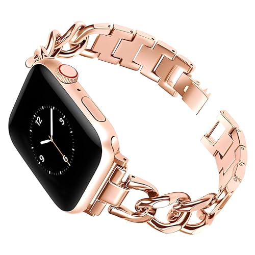 ValuEssentia Watch Band Compatible With Apple Watch for iWatch Series 8 7 6 5 4 3 SE, Fashion Chain Bracelet For Smart Watch, Cowboy Chain Style Watch Band for Women (38mm-41mm) Rose Gold