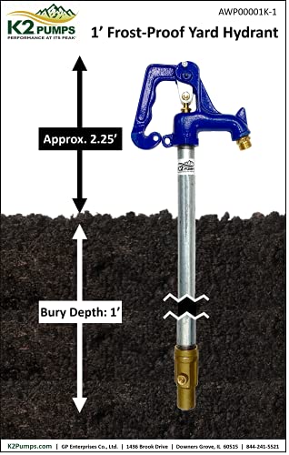 K2 Pumps Lead-Free 1' Frost Proof Yard Hydrant, Overall Length: 3.25'; Bury Depth: 1'; Above Ground: 2.25', Model AWP00001K-1