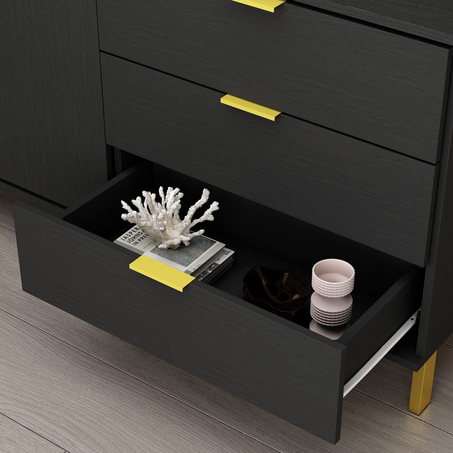 AIEGLE Sideboard Buffet Cabinet with 3 Drawers & 2 Doors for Kitchen, Entryway Cupboard with Gold Metal Legs, Black (62.9" L x 15.7" W x 27.5" H)