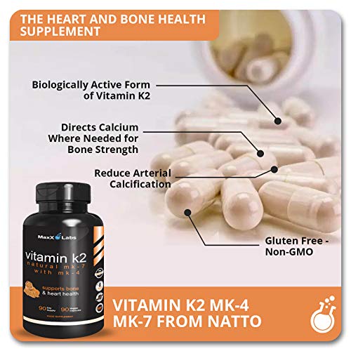 High Strength Vitamin K2-600 mcg - Full Spectrum Vitamin K2 MK4 MK7, Vitamin K MK7 Natto & MK4 & Calcium 100 mg, K2 Vitamin Supplement, Complex K2-7 M7-90, Works w/ Vitamin D3 5000 IU, 90 Veggie Caps