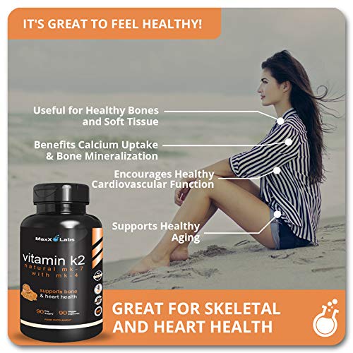 High Strength Vitamin K2-600 mcg - Full Spectrum Vitamin K2 MK4 MK7, Vitamin K MK7 Natto & MK4 & Calcium 100 mg, K2 Vitamin Supplement, Complex K2-7 M7-90, Works w/ Vitamin D3 5000 IU, 90 Veggie Caps
