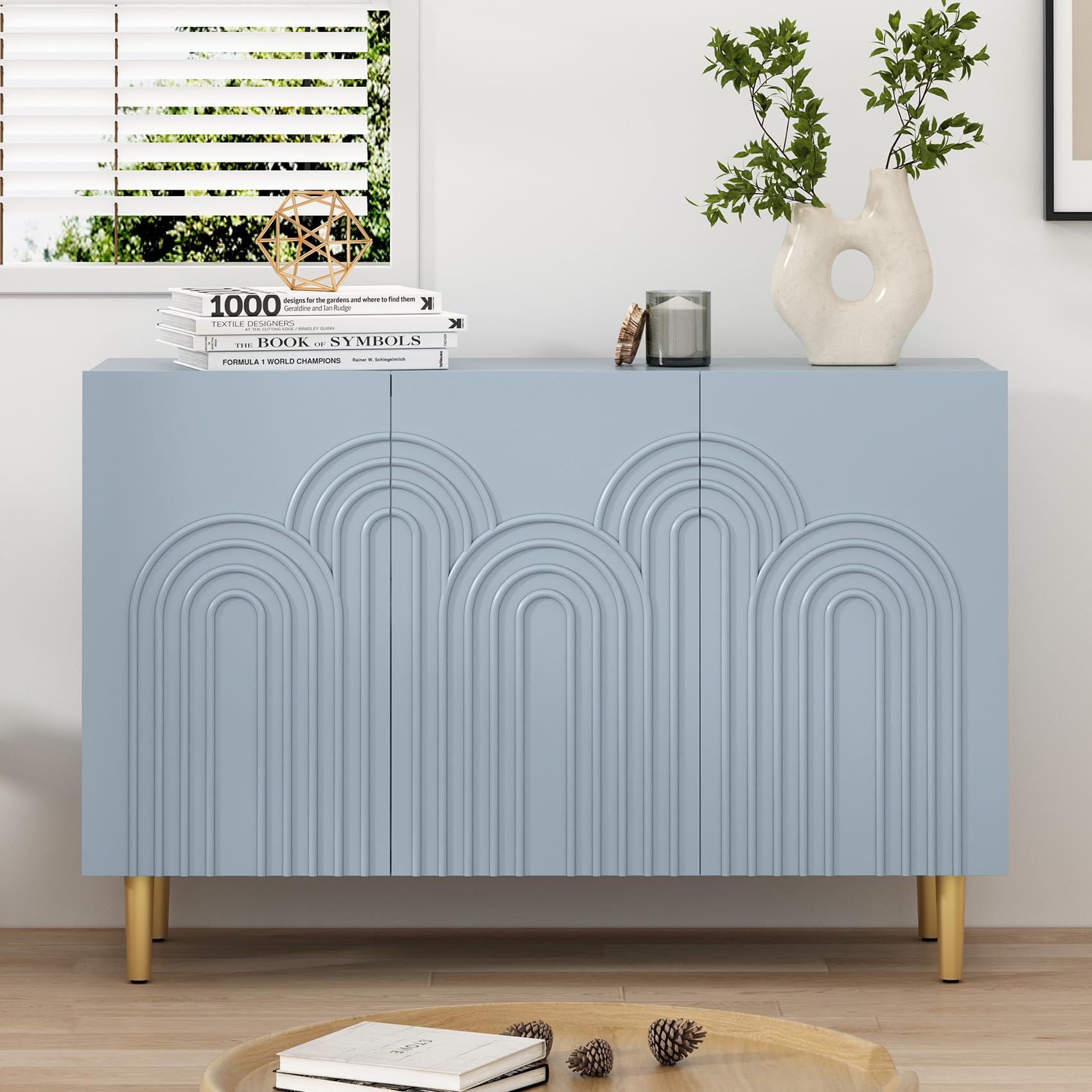HLR Buffet Cabinet with Storage and 3 Doors, 47" Modern Wood Accent Storage Cabinet with Relief Patterned Doors, Sideboard Cabinet Credenzas for Living Room, Dining Room, Kitchen, Entryway, Blue