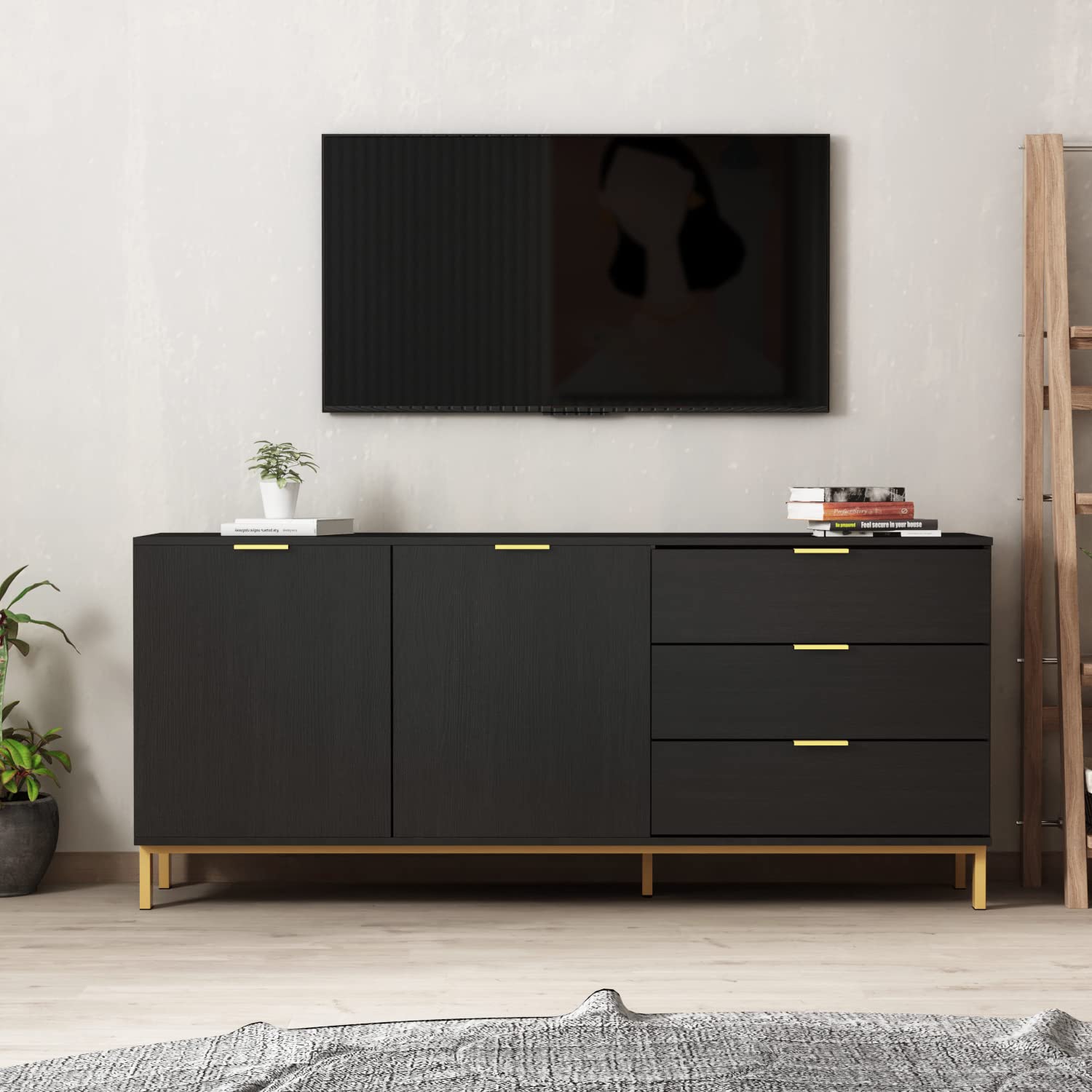 AIEGLE Sideboard Buffet Cabinet with 3 Drawers & 2 Doors for Kitchen, Entryway Cupboard with Gold Metal Legs, Black (62.9" L x 15.7" W x 27.5" H)