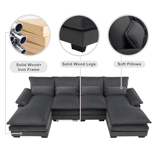 YUNLife&Home U-Shaped Modular Sectional Sofa with Double Chaise Lounge and Waist Pillows,6-Seat Oversized Symmetrical Couch,Comfy Chenille Upholstery Deap Seat Corner Sofá Convertible Sleeper Couches