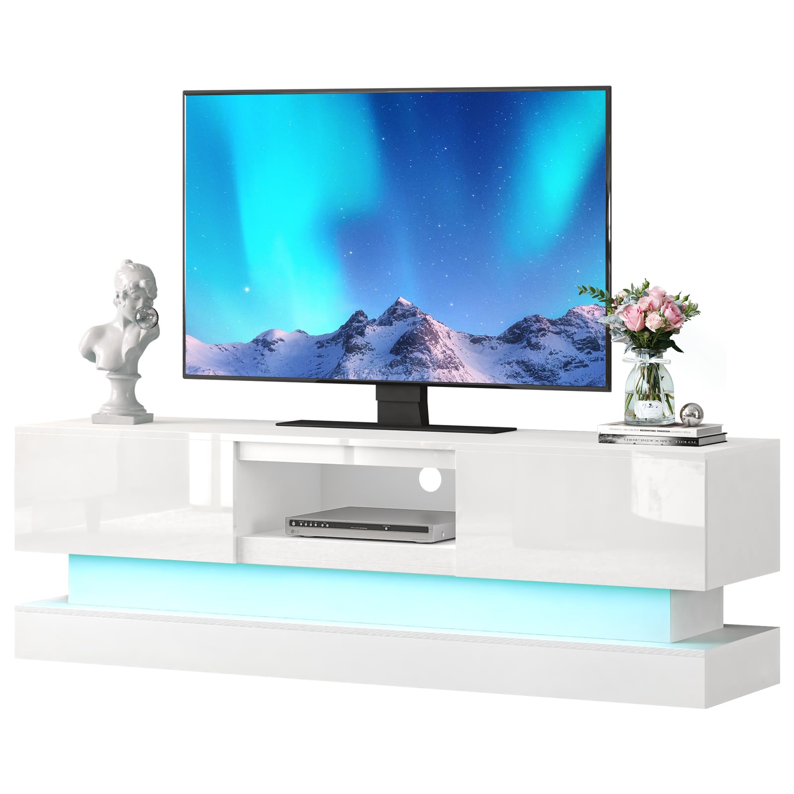 Koifuxii White LED TV Stand - Modern TV Stand with Led Lights and Storage Drawers for TVs up to 70 Inch - Gaming TV Entertainment Stand for Living Room, Bedroom