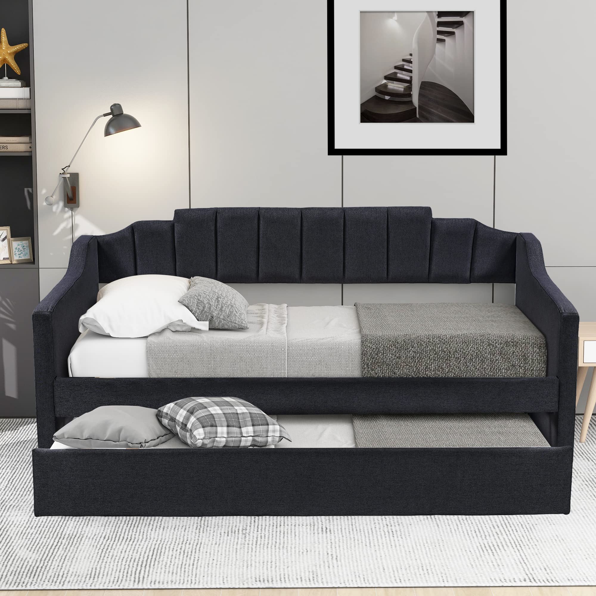 Harper & Bright Designs Twin Upholstered Daybed with Trundle, Wood Daybed Sofa Bed Frame for Living Room Bedroom– Black