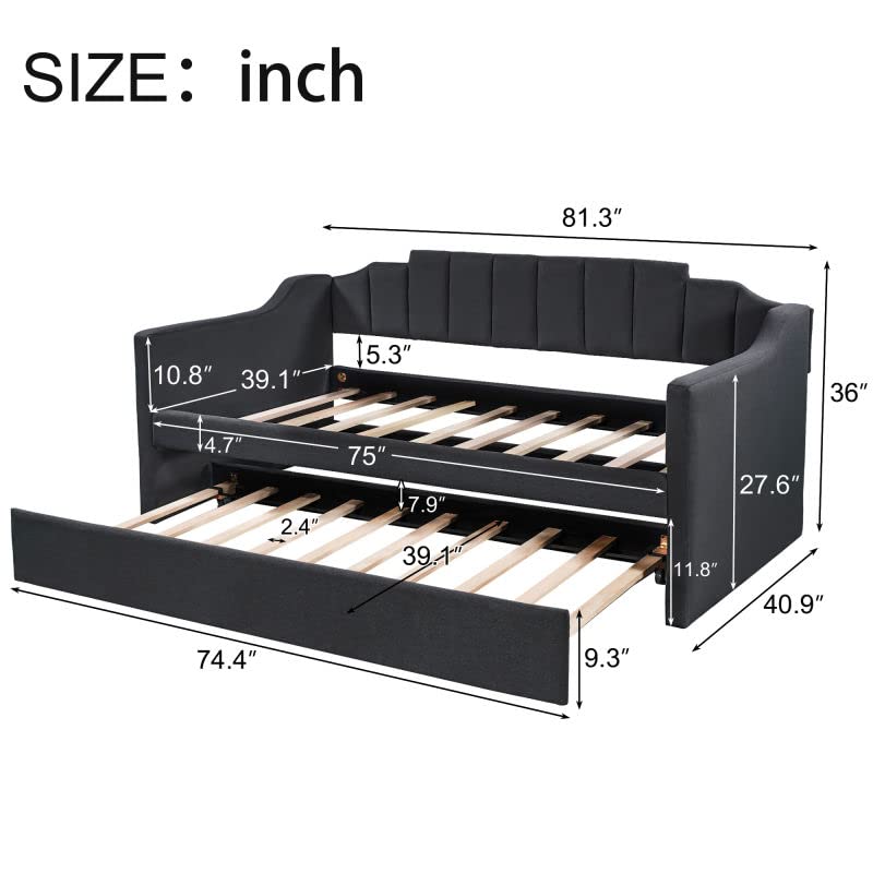 Harper & Bright Designs Twin Upholstered Daybed with Trundle, Wood Daybed Sofa Bed Frame for Living Room Bedroom– Black