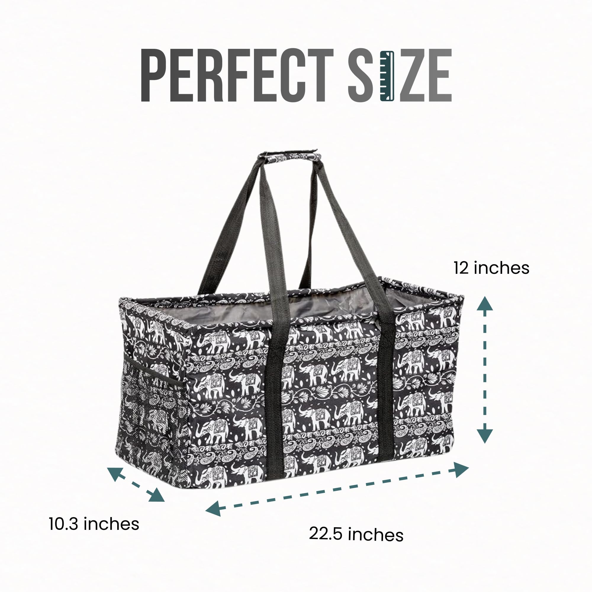 Lucazzi Extra Large Utility Tote Bag - Oversized Collapsible Reusable Wire Frame Rectangular Canvas Basket With Two Exterior Pockets For Beach, Pool, Laundry, Car Trunk, Storage - Gray Elephant