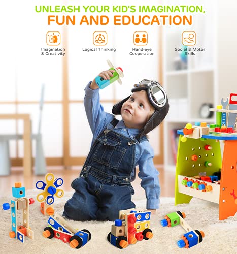Ohuhu Tool Workench Toy Set, Kids Toy Play Workbench, Kids Wooden Tool Bench Workshop, Workbench with Tools Set (89 Piece Set), Wooden Construction Bench Toy for Boys Girls Age 3 4 5 6 7