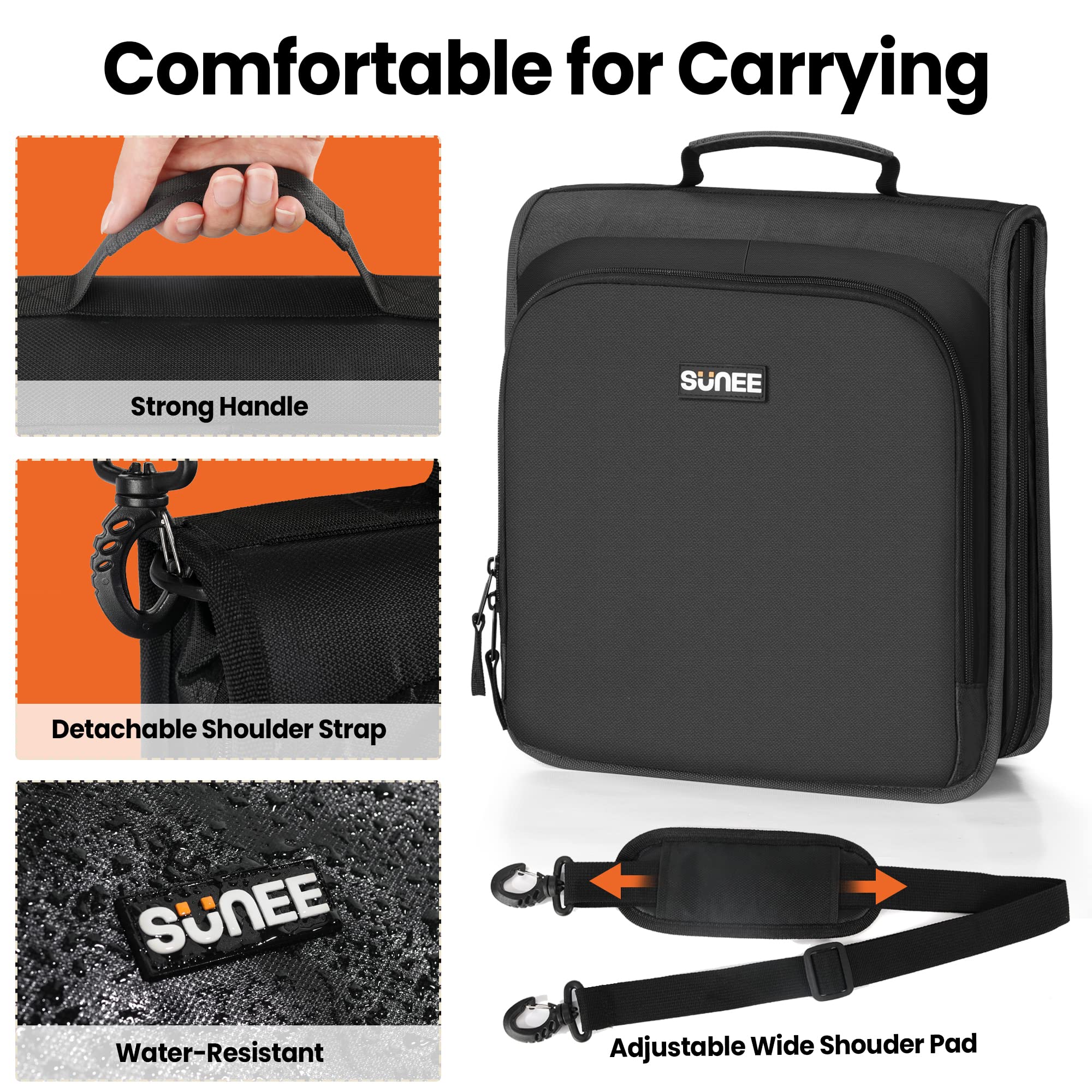 SUNEE Zipper Binder Bag with Laptop Pocket and Shoulder Strap, 3 Inches 3-Ring Organizer Binder for Middle School, Black