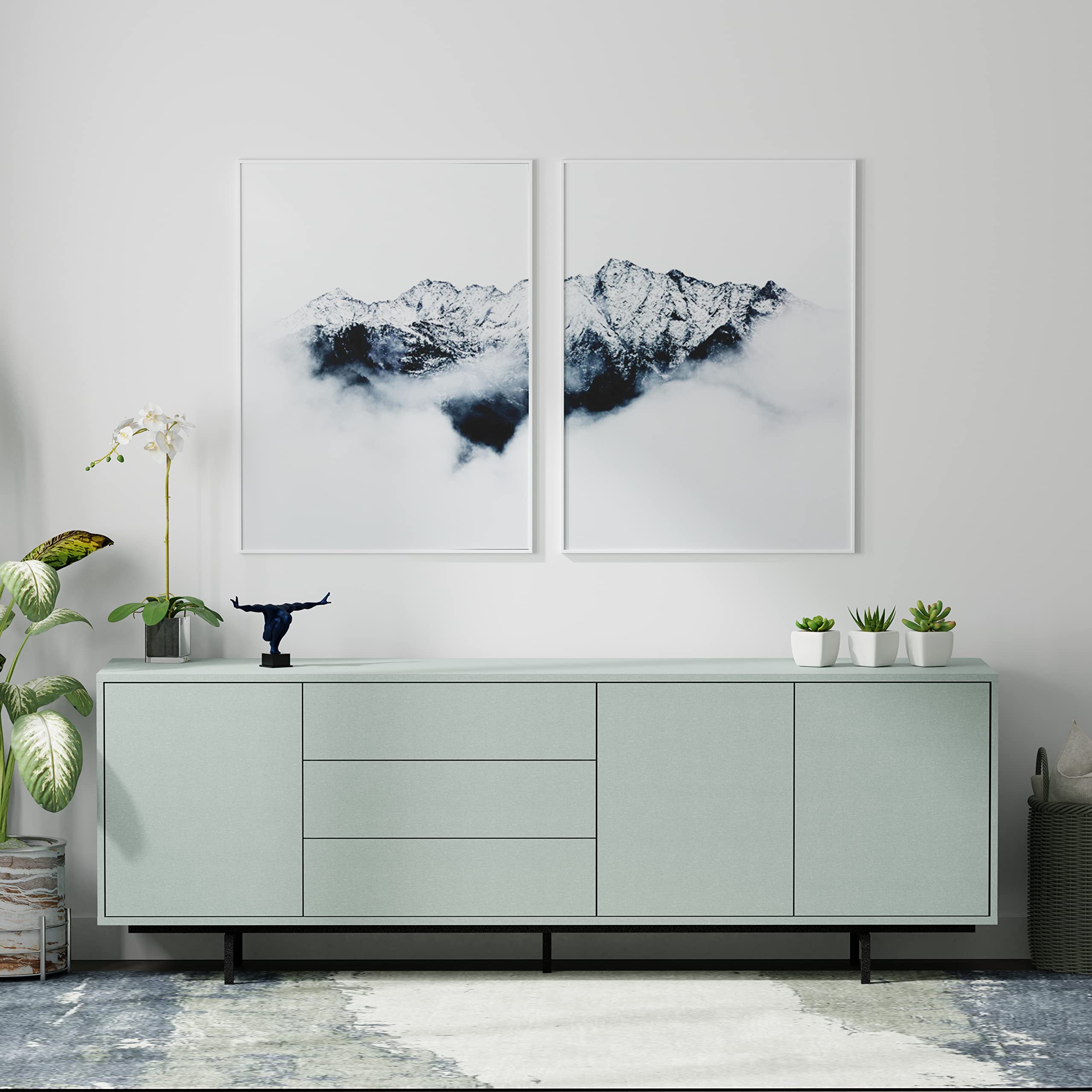 Glenwillow Home Atlas 78" x 28" Highboy Modern TV Stand Cabinet and Sideboard - Jade Ocean Frame, Jade Ocean Door/Drawers, Black Base