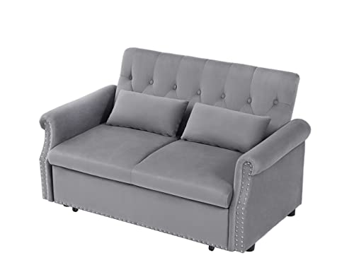 Convertible Sleeper Sofa Pull Out Couch, Modern Velvet Upholstered 3-in-1 Loveseat with Reclining Adjustable Backrest &Removable Armrest ,Button Tufted Small Sofa & Couches for Apartment Living Room