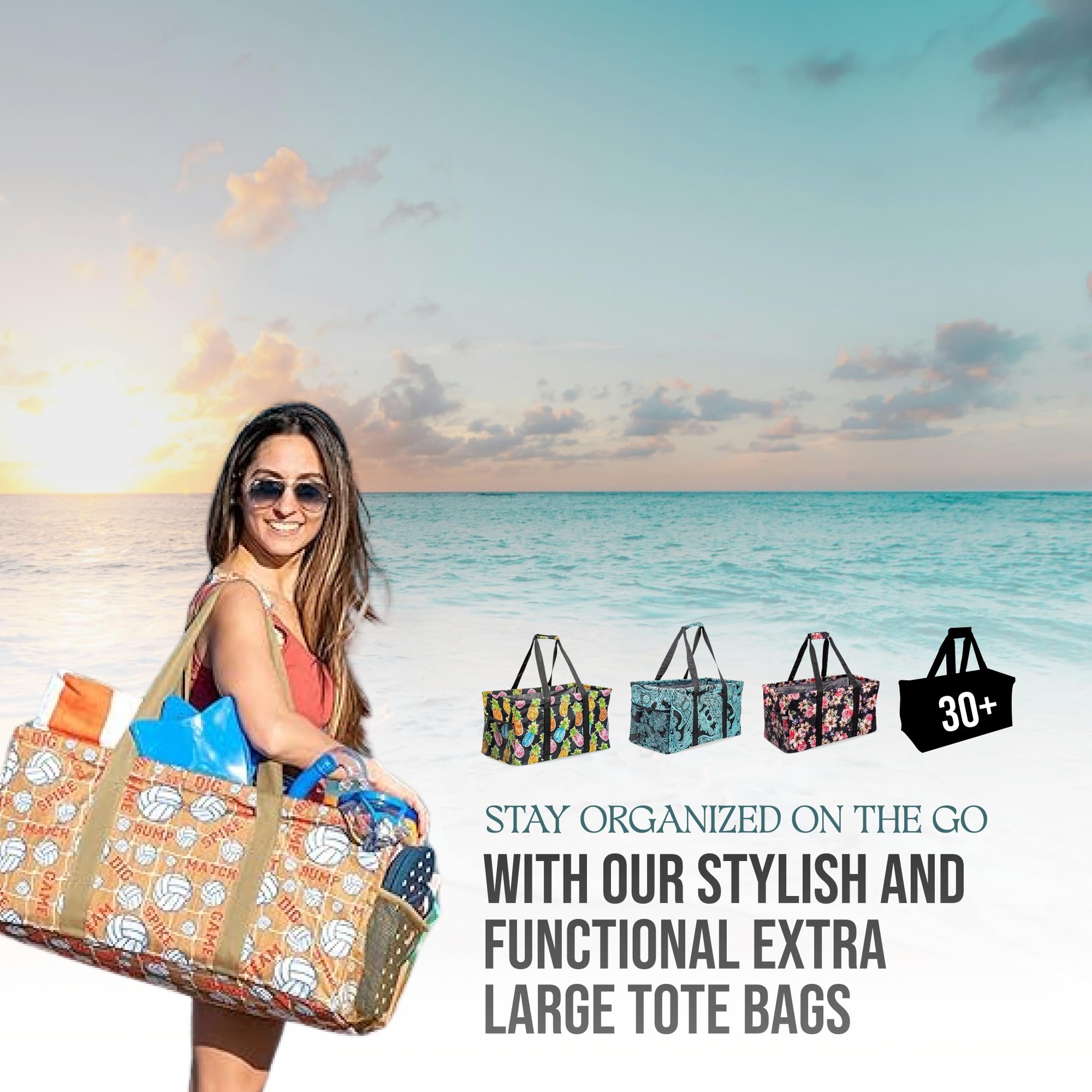 Lucazzi Extra Large Utility Tote Bag - Oversized Collapsible Reusable Wire Frame Rectangular Canvas Basket With Two Exterior Pockets For Beach, Pool, Laundry, Car Trunk, Storage - Gray Elephant