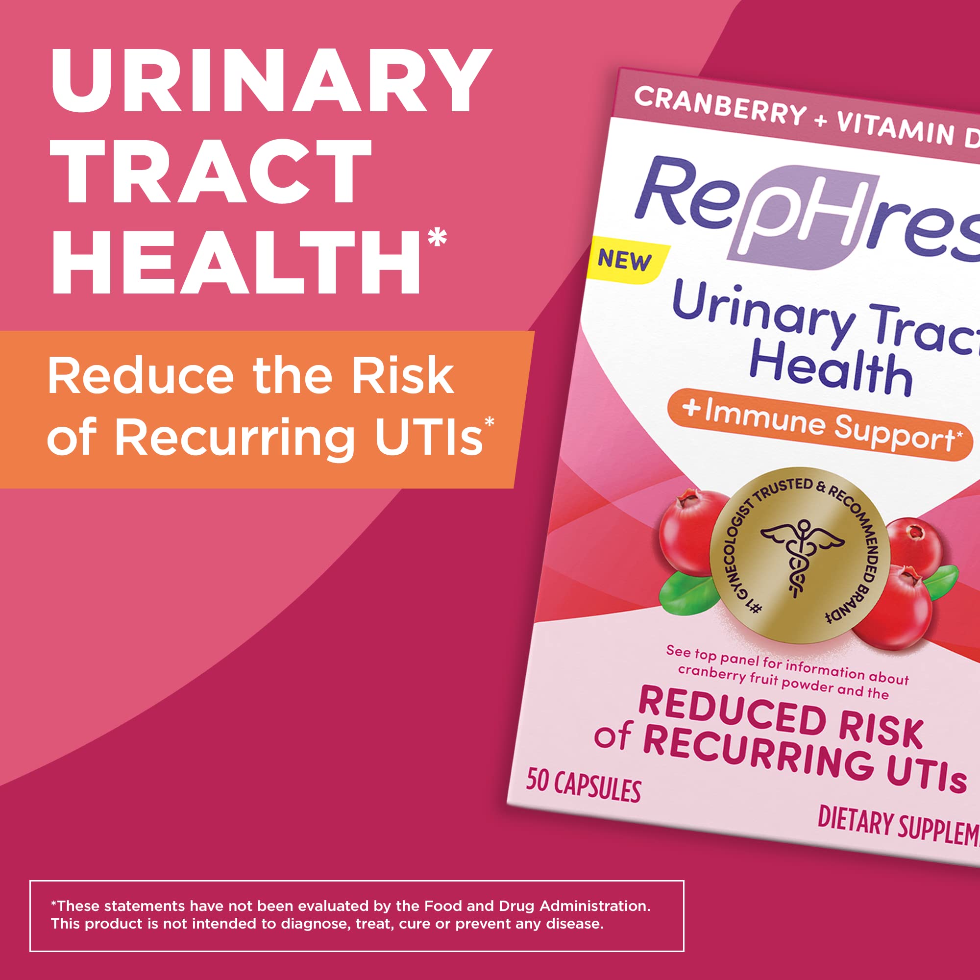 Rephresh Cranberry Urinary Tract Health Plus Immune Supplement, Blended with Vitamin D + Zinc - 50 Count