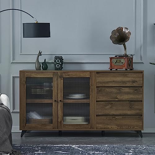 worldchoice Sideboard Buffet Cabinet 63" Wine Bar Cabinet with 4 Drawers & 2 Tempered Glass Doors Coffee Bar Cabinet Console Cabinet with Adjustable Shelf for Living Room Dining Room Kitchen, Brown