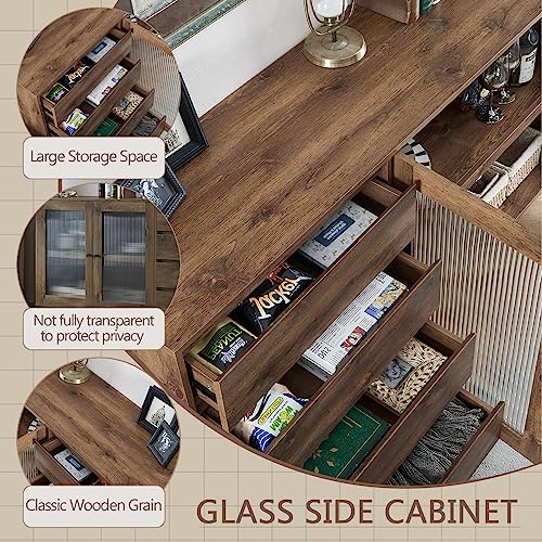 worldchoice Sideboard Buffet Cabinet 63" Wine Bar Cabinet with 4 Drawers & 2 Tempered Glass Doors Coffee Bar Cabinet Console Cabinet with Adjustable Shelf for Living Room Dining Room Kitchen, Brown