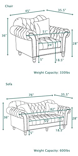 Morden Fort Chesterfield Sofa, Chair and Sofa for Living Room Furniture Sets, 2 Pieces Classic Velvet Tufted Couches, Grey
