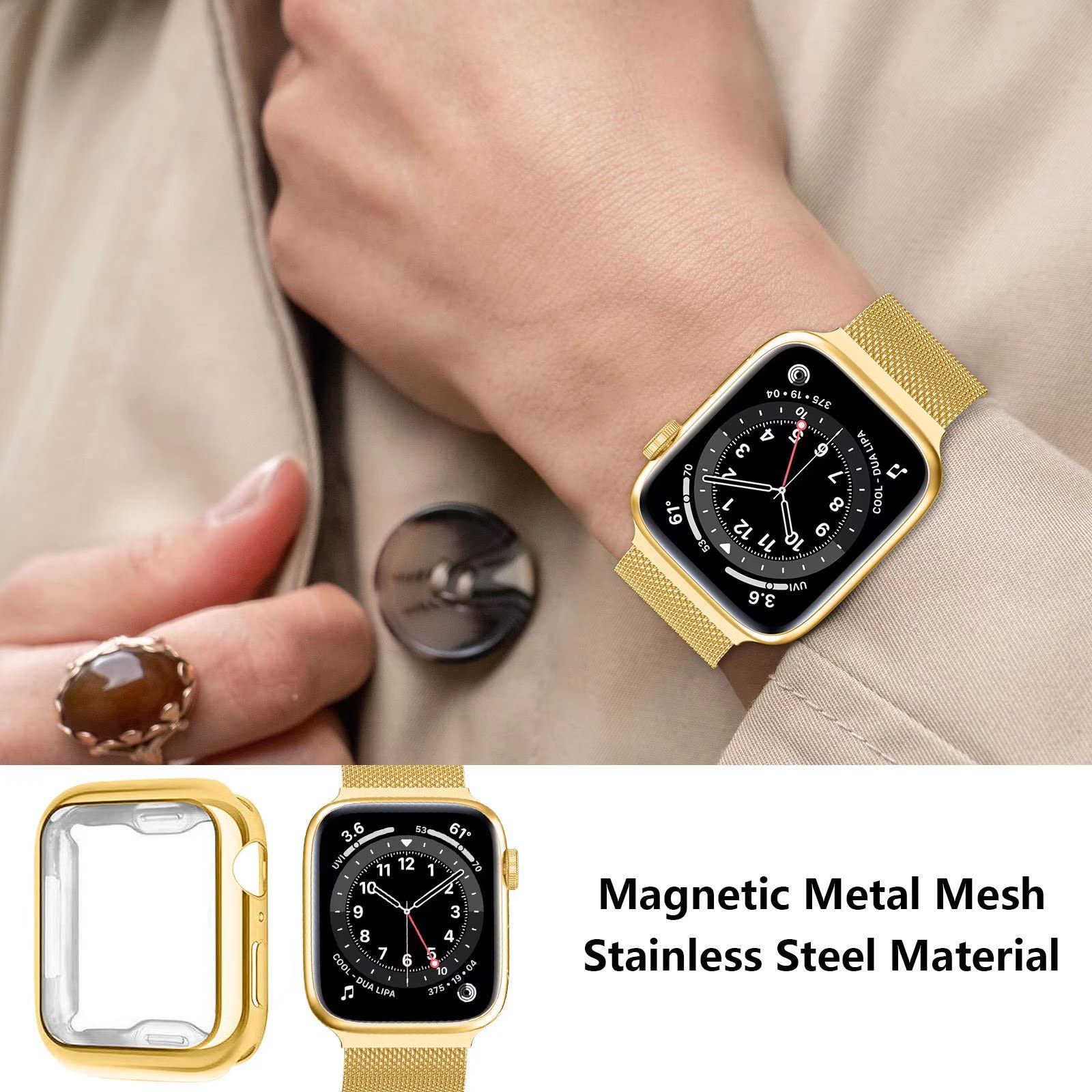 Zsuoop Metal Stainless Steel Bands Compatible with Apple Watch 38/40/41/42/44/45mm With Screen Protector Case,Magnetic Adjustable Strap for iWatch Series 9/8/7/6/5/4/SE/3/2/1 Women Men