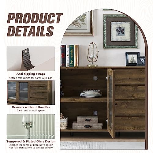 worldchoice Sideboard Buffet Cabinet 63" Wine Bar Cabinet with 4 Drawers & 2 Tempered Glass Doors Coffee Bar Cabinet Console Cabinet with Adjustable Shelf for Living Room Dining Room Kitchen, Brown
