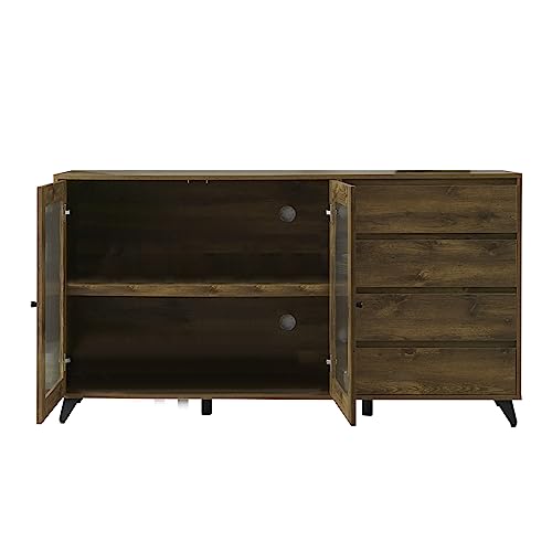 worldchoice Sideboard Buffet Cabinet 63" Wine Bar Cabinet with 4 Drawers & 2 Tempered Glass Doors Coffee Bar Cabinet Console Cabinet with Adjustable Shelf for Living Room Dining Room Kitchen, Brown