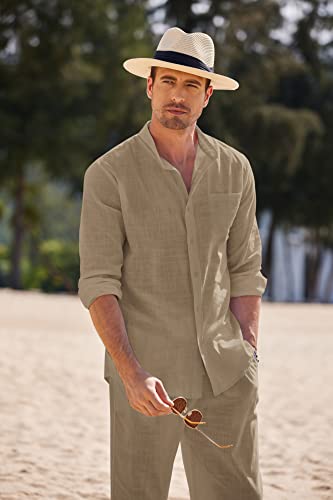 COOFANDY Linen Suits For Men 2 Piece Beach Button Down Shirt Casual Loose Pant Sets Mens Linen Beach Shirt (Khaki XL)