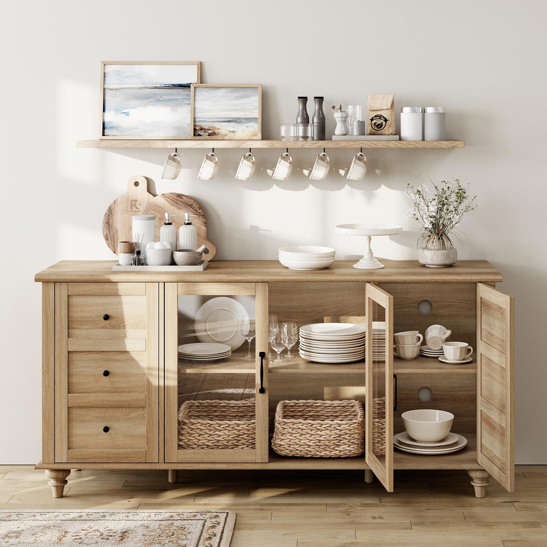 WAMPAT Sideboard Buffet Cabinets with Glass Door, Kitchen Storage Cabinets, Wood Coffee Bar Tables, Accent Sideboard Storage Cabinet Table Dining Room, Living Room,Oak