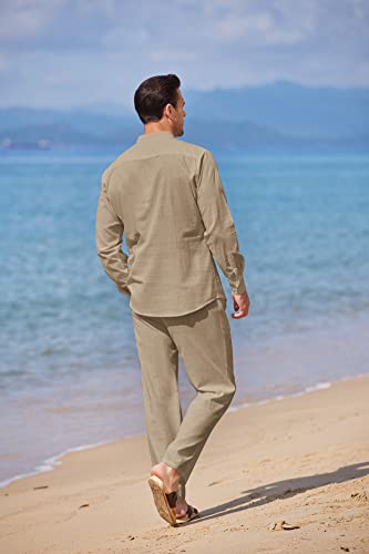 COOFANDY Linen Suits For Men 2 Piece Beach Button Down Shirt Casual Loose Pant Sets Mens Linen Beach Shirt (Khaki XL)