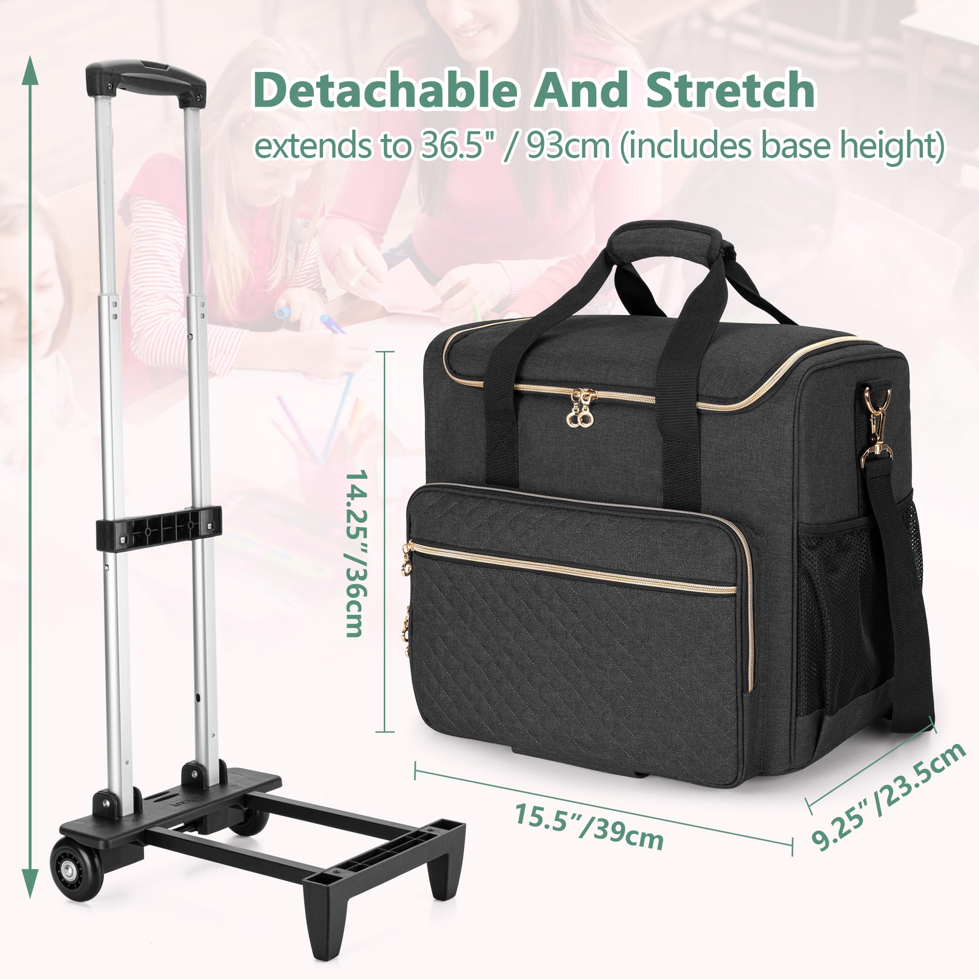 LUXJA Rolling Teacher Bag with Laptop Compartment and Detachable Dolly, Multifunctional Rolling Teacher Tote Bag (Patent Pending), Black