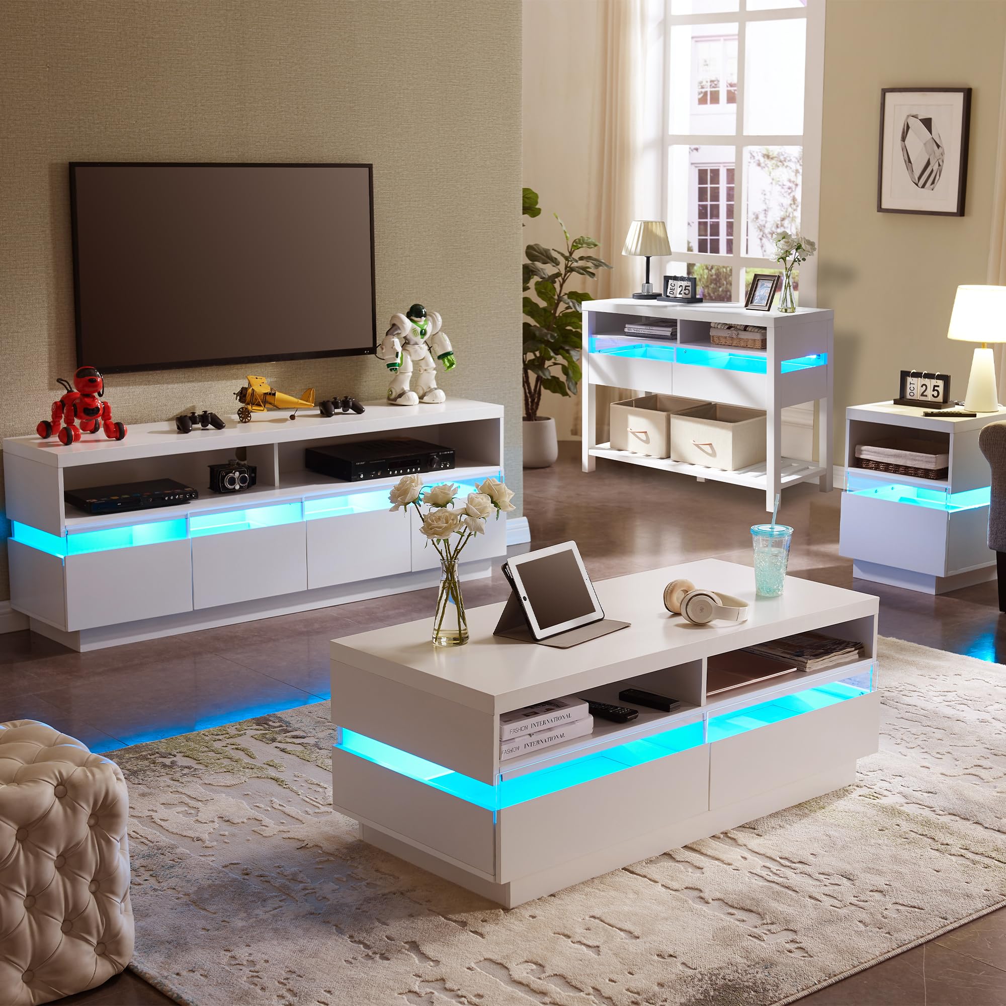 T4TREAM LED TV Stand for 75 Inch TV, Modern Gaming Entertainment Center with LED Lights, Media Storage Console Table with Large Sliding Drawers & Side Cabinets for Living Room, Solid White, 66 Inch