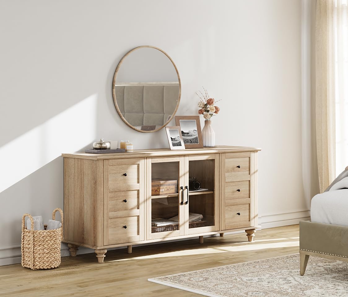 WAMPAT Sideboard Buffet Cabinets with Glass Door, Kitchen Storage Cabinets, Wood Coffee Bar Tables, Accent Sideboard Storage Cabinet Table Dining Room, Living Room,Oak