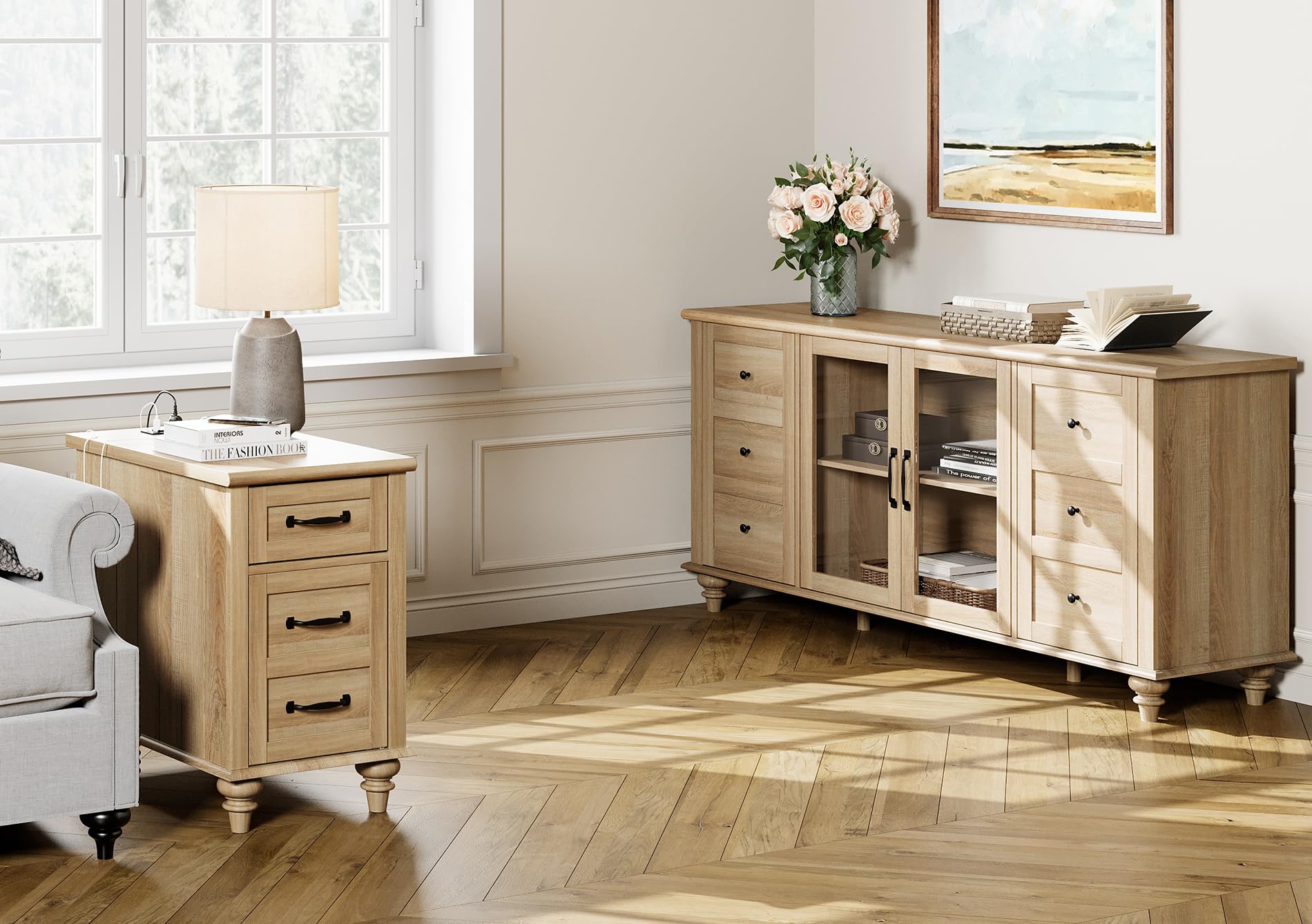 WAMPAT Sideboard Buffet Cabinets with Glass Door, Kitchen Storage Cabinets, Wood Coffee Bar Tables, Accent Sideboard Storage Cabinet Table Dining Room, Living Room,Oak